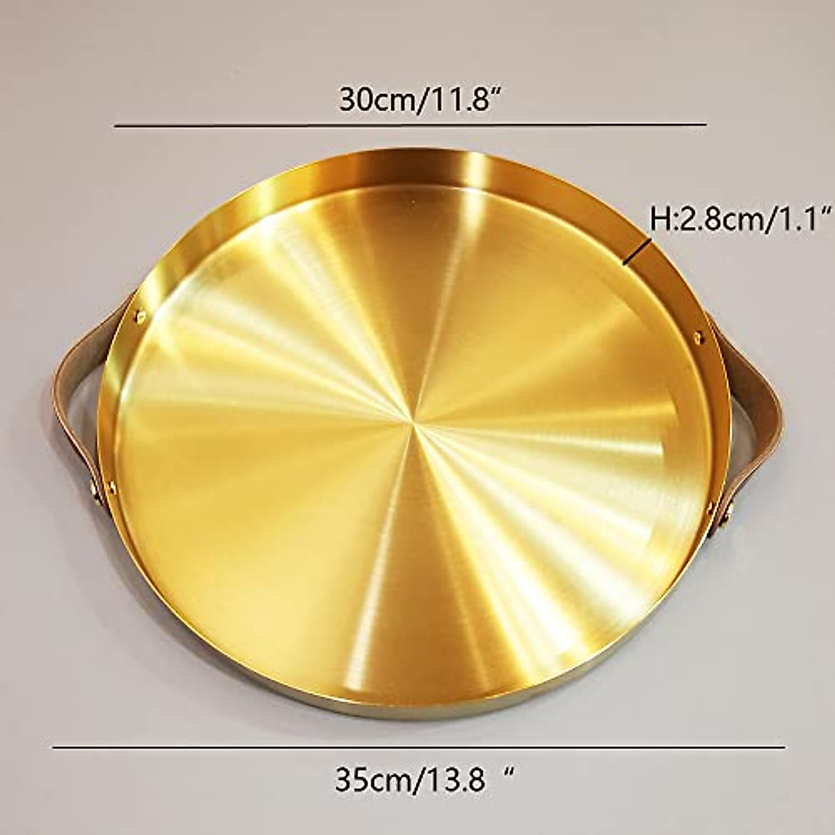 12 Inch Round Golden Tray with Brown Handle, Metal Vanity Tray with Mirror Finish, 1”Deep Decorative Brass Tray Serving Platter for Dessert Table, Jewelry, Exxacttorch