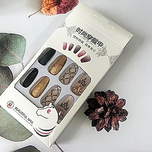 24Pcs Medium Press on Nails, Artificial Acrylic Fake Nails with Golden Rhinestones Designs, Full Cover Reusable Coffin Black Grid False Nails, Glue on Nails for Women Set, Stick on Nails for Nail Art