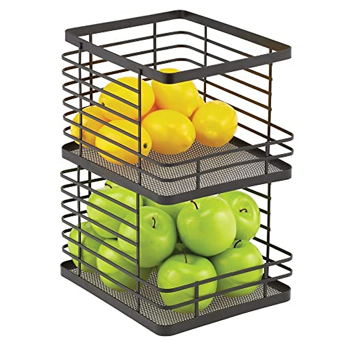 mDesign Stacking Wire Baskets Food Organizer Storage Metal Basket with Open Front for Kitchen Cabinet, Pantry, Cupboard, and Shelves - Organize Fruits, Snacks, and Vegetables - 2 Pack - Matte Black