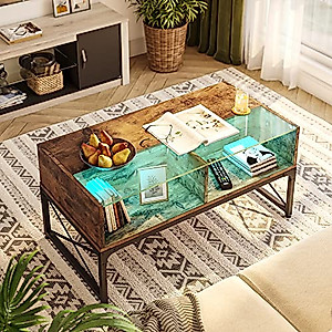 Bestier LED Coffee Tables for Living Room, 42 Inch Wood Center Table with Glass Top for Game Night. Living Room Tables Rustic Brown