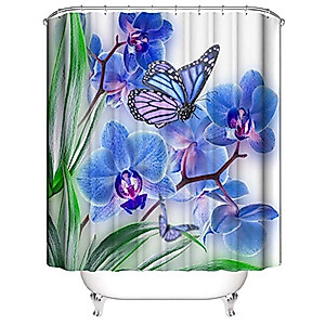 mamrug 4 PCS Butterfly Shower Curtain Sets with Non-Slip Rugs and Toilet Lid Cover Purple Flower Phalaenopsis Bath Decor Shower Curtains 72"x 72" with 12 Hooks Durable Waterproof for Bathroom