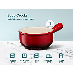KooK French Onion Soup Crocks, Ceramic Bowls, Broil, Oven, Microwave and Dishwasher Safe, for Cereal, Soups, Casseroles, with Handle, Stoneware, 15 oz, Set of 4, Red Ombre