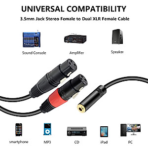 MEIRIYFA Dual XLR to 1/8 Female Adapter,Balanced Mini-Jack(3.5mm) Female to Microphone Cable, 3.5mm Stereo TRS to Dual XLR Female Transforming Cord Converter(1 feet /30cm) (Dual XLR Female)