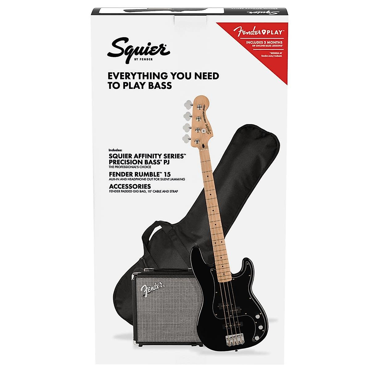 Squier by Fender Precision Bass Guitar Kit, Affinity Series, Laurel Fingerboard, Black, Poplar Body, Maple Neck, with Guitar Bag and Rumble 15 Amp Bass Amp, Cable, Guitar Strap and More