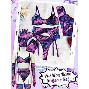 popiv Women Sexy Garter Lingerie Set Festival Rave Outfits Marble Print Tie Dye Lingerie Matching Bra Sets 5pc