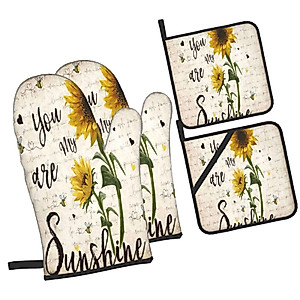 4-Piece Oven Glove and Pot Holder,You are My Sunshine Sunflower Retro Newspaper,Heat-Resistant Oven Glove and Pot Holder,Can Be Used for Cooking and Grilling