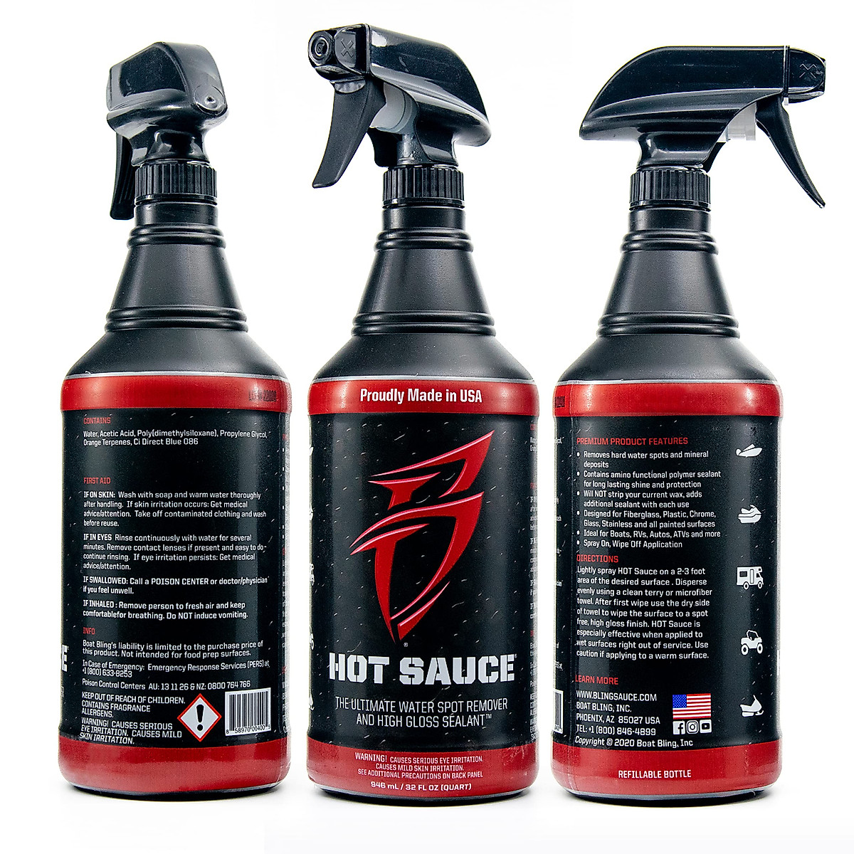 Boat Bling Hot Sauce Premium Hard Water Spot Remover w/High-Gloss Wax Sealants, 32 oz.