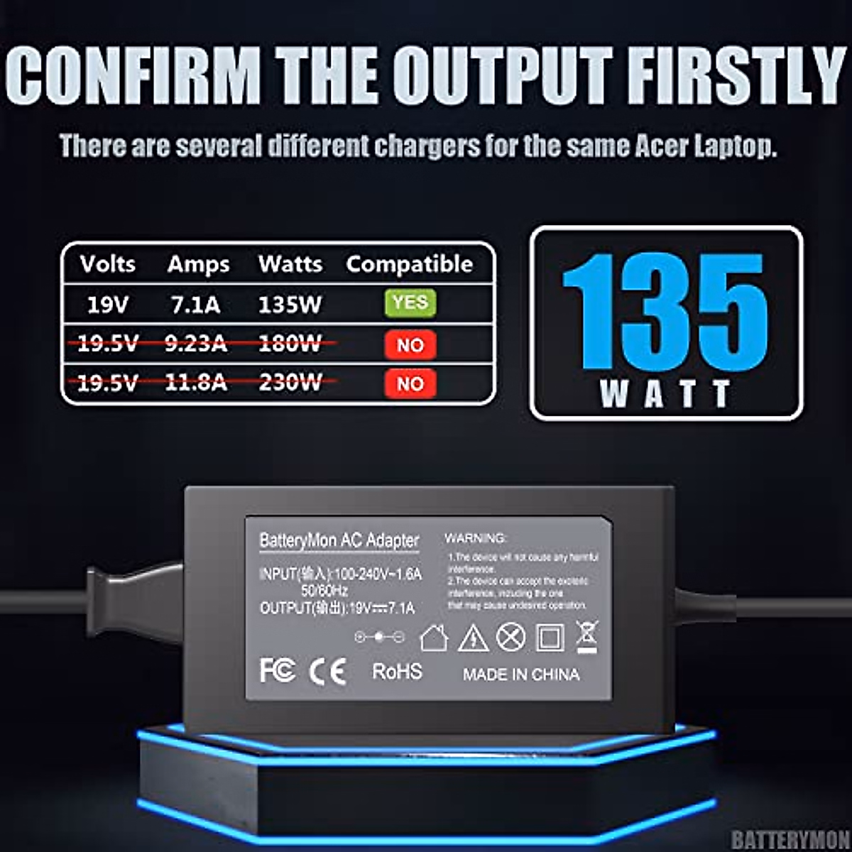 135W AC Adapter Fit for Acer Nitro 5 Laptop Charger, Acer Nitro 7 AN517-51 AN515-53 AN515-52 AN515-51 AN515-43 AN515-41 ADP-135KB T N18C3 N18C4 Gaming Laptop Charger