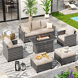 VONZOY 6 Pieces Patio Furniture Set with 44" Gas Fire Pit Table, Outdoor Sectional Conversation Sets, All-Weather Wicker Rattan Sofa w/Gas Fire Pit, Ottoman, Thick Cushion Khaki