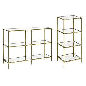 VASAGLE Modern 4-Tier Shelving Unit and 3-Tier Console Table Bundle, Modern Shelves with Tempered Glass, for Living Room, Entryway, Golden ULGT27G and ULGT28G