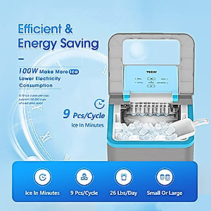 VECYS Countertop Ice Maker Machine, 9 Bullet Ice Cubes Ready in 8 Mins 26LBS in 24 Hours, Self-Clean 1.8L Portable Ice Maker with Ice Scoop and Basket, Great for Home, Office, Grey and Blue