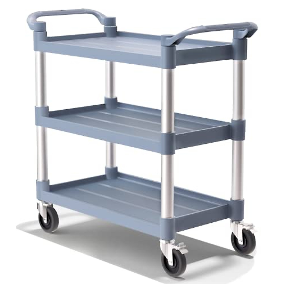 BRLJUNEO Plastic Utility Carts with Wheels, 3-Tier Large Size Restaurant Food Cart, Heavy Duty 600lbs Capacity Rolling Service Cart w/Hammer for Commercial, Kitchen, Office (Lockable Wheels, L-Grey)