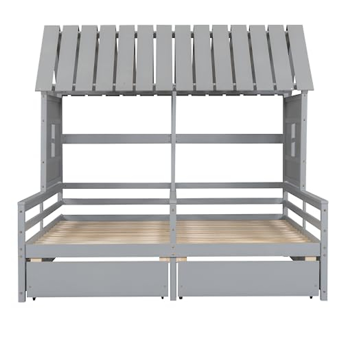 DEYOBED Wooden Double Shared Bed, Twin Size House Bed with 2 Storage Drawers Roof Design, House Platform Bed for Kids, Boys and Girls, Combination of 2 Side by Side Twin Size Beds, Gray