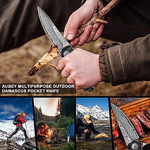 AUBEY Damascus Pocket Knife for Men with Clip EDC, 3.23" VG10 Core Damascus Steel Blade of Folding Knife with Black Aluminum Handle, Sharp Damascus Camping Knife