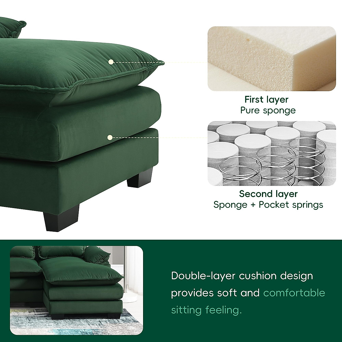 Symmetrical Modular Sectional Sofa with Chaise Lounge, 6 Seater Velvet Upholstered Cloud Couch, U Shaped Oversized Sleeper Sofa&Couches with Thicked Cushion & Detackable Backrest Living Room