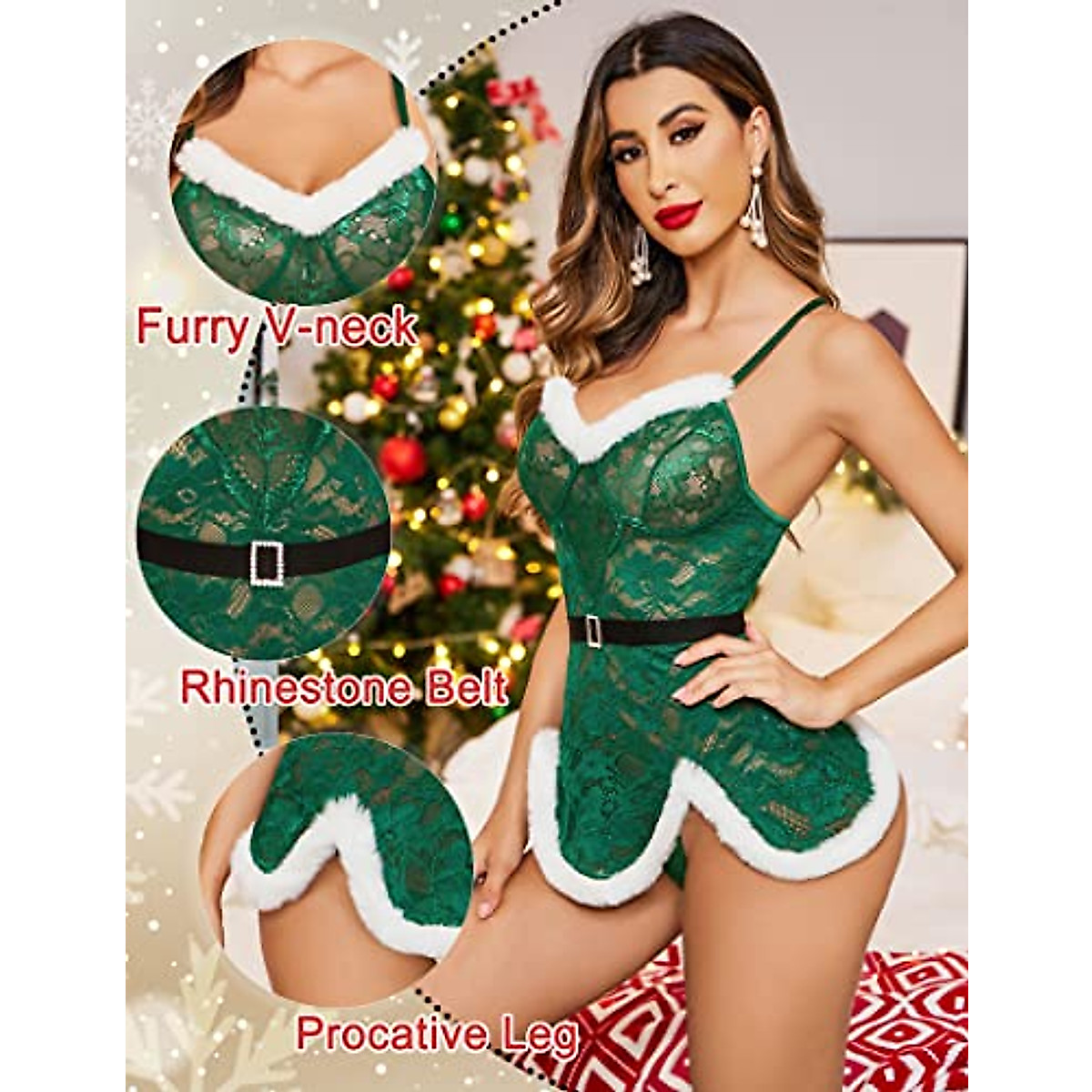 Avidlove Christmas Babydoll For Women Sexy Santa Sleep Dress Green Lingerie Nightwear Lace Chemise (Green, Medium)