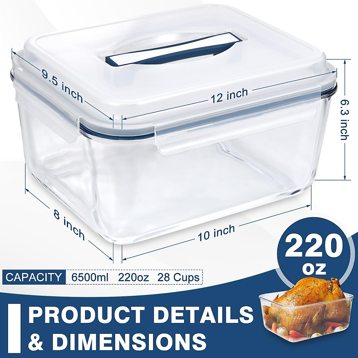 MYJIE [Extra Large] Glass Storage Containers with Lids - 220 Oz/28 Cup Oven Safe Large Glass Food Storage Containers with Handle for Storing Chicken,Vegetables,Fruits,Baking Turkey,Lasagna