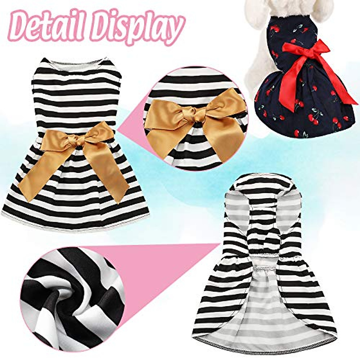 3 Pieces Cute Ribbon Dog Dress for Small Medium Dogs Puppy Shirts Dog Clothes Pet Apparel for Cats in Wedding Holiday Christmas New Year Spring Summer (White Dots, Black White Stripes, Cherries,M)