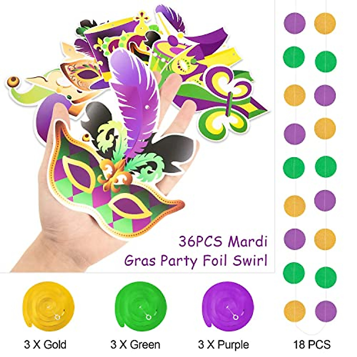 Mardi Gras Hanging Decorations - Mardi Gras Garland Crown Mask Sign for Masquerade Party Decorations Gold Green Purple Foil Swirl New Orleans Celebration Mardi Gras Party Supplies