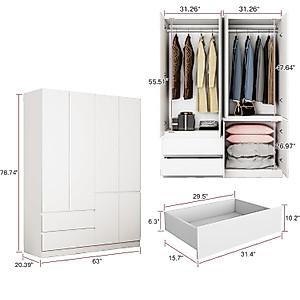 Jiaoun 78.74" 4-Door Armoire Wardrobe Closet, with Drawers and Shelves,Armoires and Wardrobes with Hanging Rod, Wooden Wardrobe Closet（White） 63" L x 20.39" W x 78.74" H