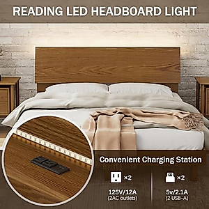 Livavege Queen Bed Frame with LED Lights Headboard, Mid Century Wood Platform Bed w/Storage Shelf and Charging Station, Wooden Slats Support, Queen Size Bedframe No Box Spring Needed, Easy Assembly