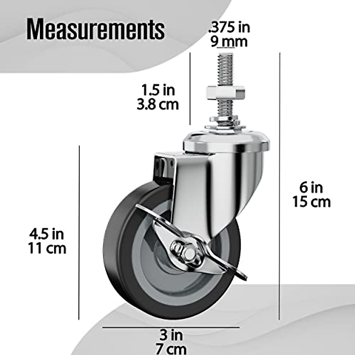 Houseables Caster Wheels, Casters, Set of 4, 3 Inch, (Screw Diameter 3/8"-16, Length 1.5"), Rubber, Heavy Duty, Threaded Stem Mount Industrial Castors, Locking Metal Swivel Wheel, for Furniture, Cart