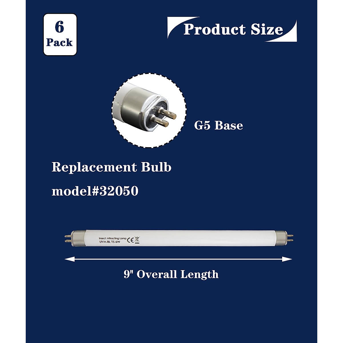 Dameiol 32050 F6T5/BL Replacement Bulbs,9''Length,6W T5 Fluorescent Light Tube,Compatible Replacement for Dyna/Trap DT2000XL,DT2000XLP and DT3012(6 Pack)