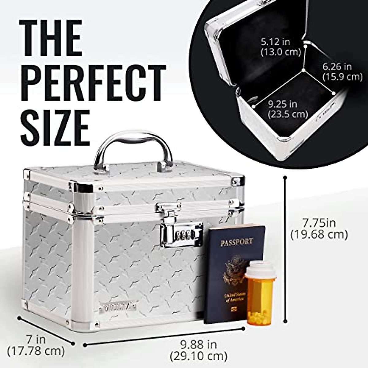 Vaultz Combination Lock Box - Secure Safe for Documents, Valuables, Medicine & Money - 10 x 7.25 x 7.75 Inch - Silver Treadplate