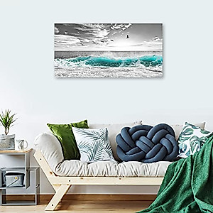 Large Ocean Waves Canvas Wall Art for Living Room Wall Decor Teal Blue Sea Beach Wave Wall Art Prints Artwork Sea Birds Canvas Pictures for Bedroom Home Office Wall Decorations Ready to Hang 30" X 60"
