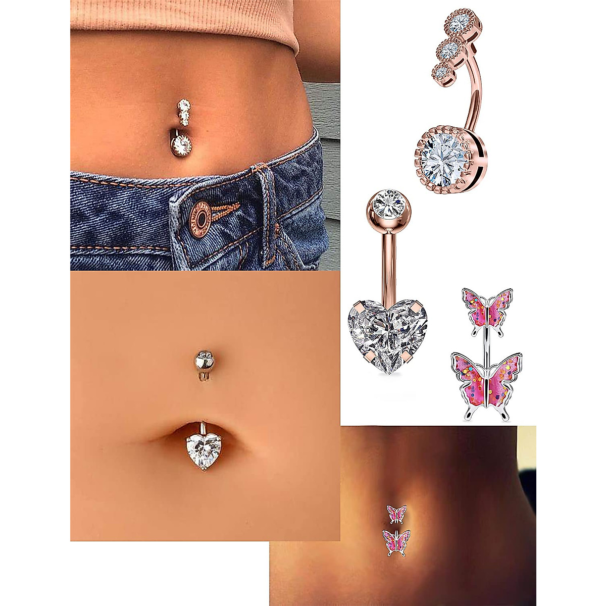 Vsnnsns 14G Belly Button Rings Belly Rings for Women Stainless Steel CZ Opal Belly Piercing Jewelry Surgical Steel Butterfly Belly Button Rings Curved Navel Ring Body Jewelry Piercing Rose Gold