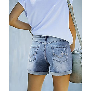 Casual Denim Shorts for Women Mid Rise Rolled Hem Ripped Jeans Cute Hot Pants Short Light Blue Large
