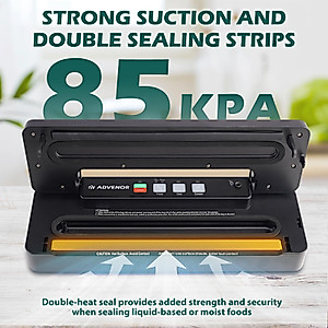 ADVENOR Vacuum Sealer Machine with Cutter Widened Double Sealing Strips and Bag Storage, 85Kpa Dry Moist Food Modes Upgraded Locking Design Includes 2 Bag Rolls 8.6"x16'and 11"x16'
