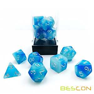 Bescon Gemini Glowing Polyhedral Dice 7pcs Set ICY Rocks, Luminous RPG Dice Set d4 d6 d8 d10 d12 d20 d%, Brick Box Packaging