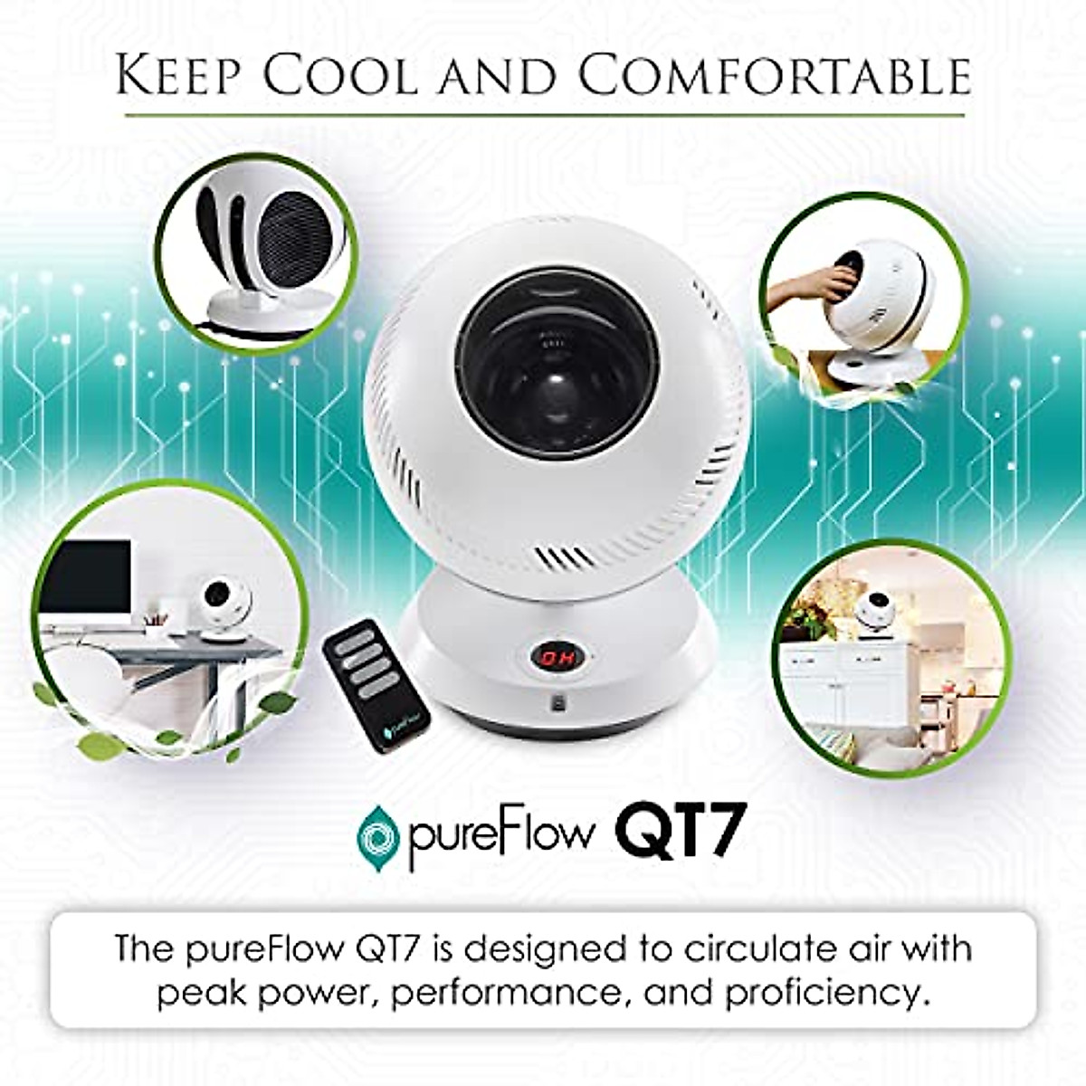 GreenTech Environmental pureFlow QT7 Bladeless Fan - Desk Fan for Bedroom, Home Office - Unique 90 Degree Vertical and Horizontal Oscillating Fan with Remote, Energy Efficient and Whisper Quiet