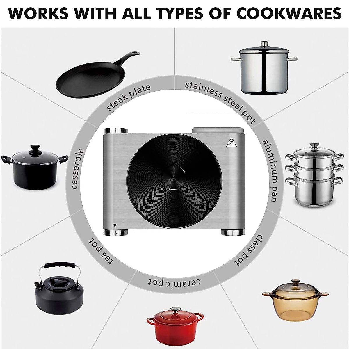 CUSIMAX Electric Hot Plate 1500W Single Burner Cast Iron Hot Plates for cooking Portable Stove Electric Burner with Adjustable Temperature Control Silver Stainless Steel Non-Slip Rubber Feet