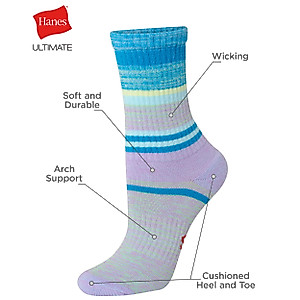 Hanes Originals Ultimate Women's, Ankle and No Show Socks, 6-Pack, Crew-Tie Dye Blue Green/Grey Assorted6 Pack, 5-9