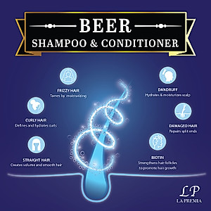 La Premia Beer Shampoo for Damage Free Hair - 16.90 fl oz - Original Yeast with Natural Ingredients, Biotin & Vitamin B5 for Men & Women - Color Safe, Cruelty Free