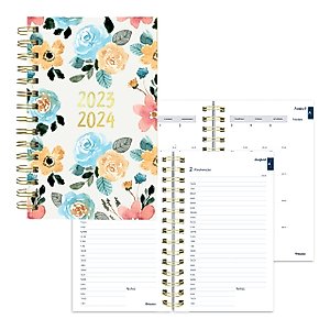 Blueline Essential Academic Daily/Monthly Planner, August 2023 to July 2024, Gold Twin-Wire Binding, Poly Cover, 8" x 5", Blossom Design, Yellow (CA214PG.02-24)