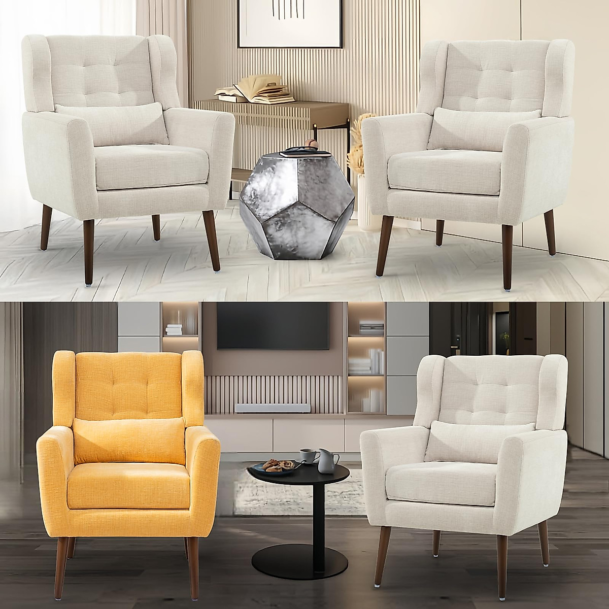 cinkehome Accent Chairs Set of 2 for Living Room, Chenille Upholstered Mordern Armchair, Comfy Soft Padded Lounge Reading Arm Chair in Small Space, Bedroom, Pillow, Solid Wood Leg, Beige