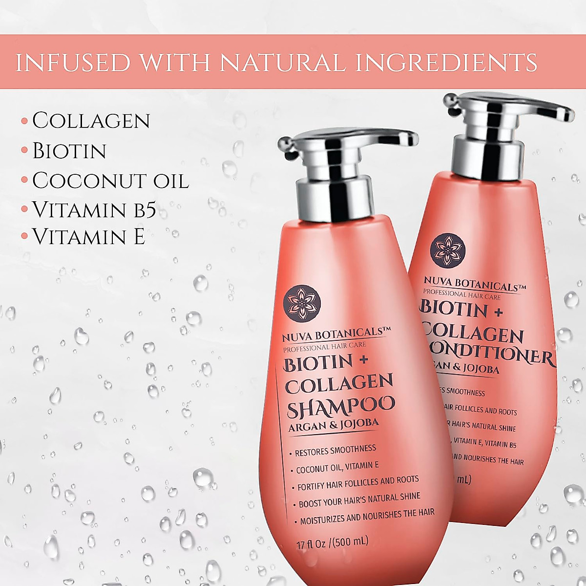 Biotin and Collagen Hair Growth Set - Shampoo and Conditioner for Women with Coconut Oil, Argan and Jojoba Oil for Thinning Hair (17 Fl Oz)