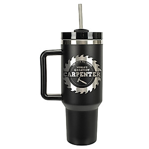 100 North | 40 oz Stainless Steel Double Wall Insulated Travel Tumbler With Handle, Straw, and Lid, World's Greatest Carpenter Black