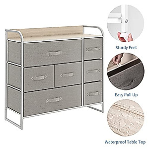 HOMOKUS 7 Drawer Dressers for Bedroom Fabric Dresser Closet Organizer and Storage Fabric Dresser, for Bedroom Living Room Nursery Large Capacity Steel Frame Wooden Top Easy Pull Fabric Bins Light grey