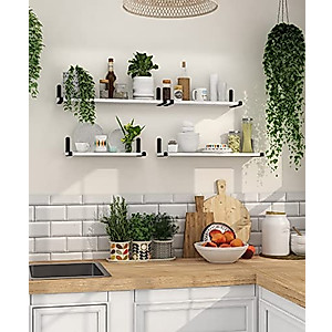 Godimerhea White Floating Shelves for Wall, Long Wall Mounted Set of 2, Modern Neutral Wooden Storage Decorative Hanging Shelf with Black Metal Brackets for Bathroom Living Room, Kitchen, 24 Inch