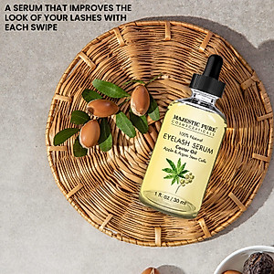 Majestic Pure Castor Oil Eyelash Serum - with Apple & Argan Stem Cells - Eyelash Growth Serum for longer thicker Eyelashes, Eyebrows & Hair - Free Set of Mascara Brush & Eyeliner Applicator - 1 fl oz