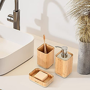 Bamboo Bathroom Accessories Set, Bamboo Wood Bathroom Accessories Include Bamboo Soap Dispenser, Tumbler, Soap Dish, with Concrete Base