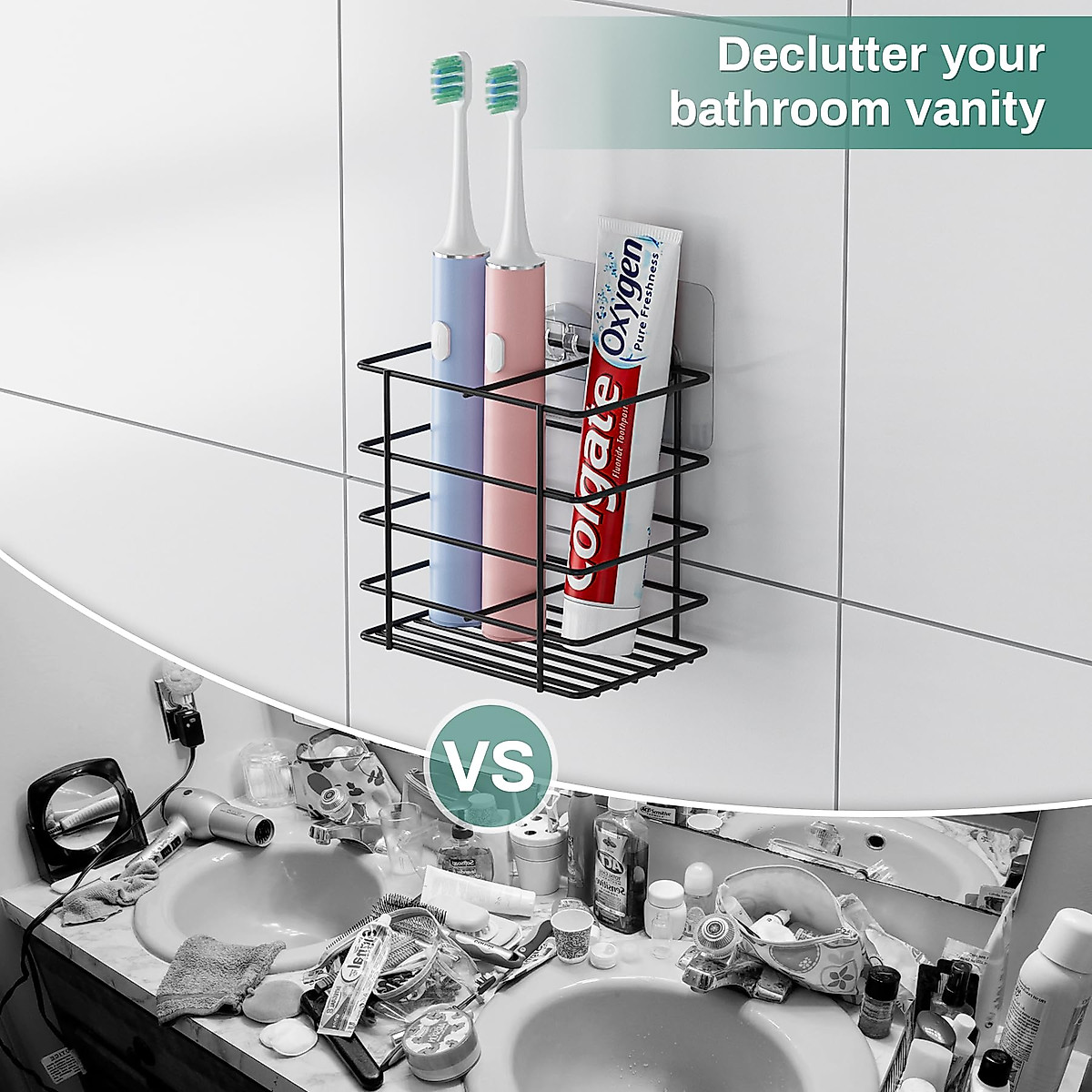 Oasiteege Adhesive Toothbrush Holder Wall Mounted, Suction Cup Toothpaste Organizer for Shower, Hanging Razor Tooth Brush Holder Storage Caddy with Drainage, Black Bathroom Accessories and Decor