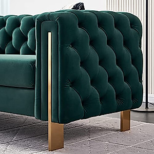 CALABASH Green Velvet Couch, Chesterfield Sofa 84 Inch Living Room Mid-Century Modern Tufted Velvet Gold Metal Legs and 2 Throw Pillows (Green)