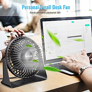 BESKAR USB Small Desk Fan, Portable Fans with 3 Speeds Strong Airflow, Quiet Operation and 360°Rotate, Personal Table Fan for Home,Office, Bedroom - 3.9 ft Cord
