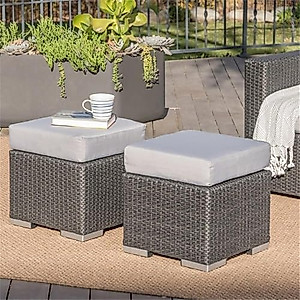 GDFStudio Outdoor 16 Inch Grey Wicker Ottoman Seat with Silver Water Resistant Cushion (Set of 2)