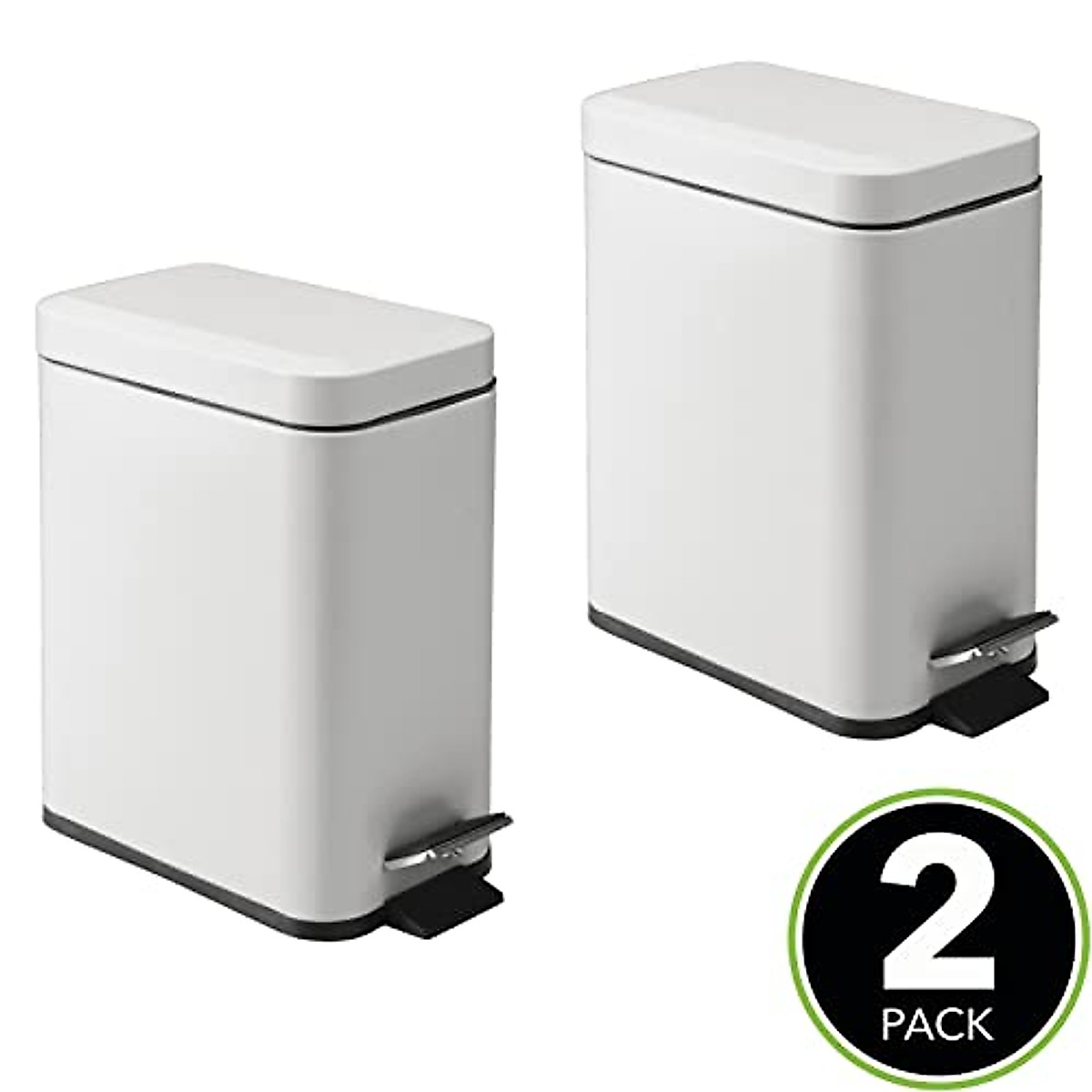 mDesign Small Modern 1.3 Gallon Rectangle Metal Lidded Step Trash Can, Compact Garbage Bin with Removable Liner Bucket and Handle for Bathroom, Kitchen, Craft Room, Office, Garage, 2 Pack, Light Gray